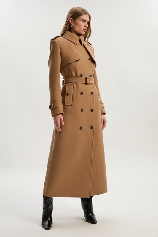 Wool Pu Mix Tailored Belted Trench Maxi Coat