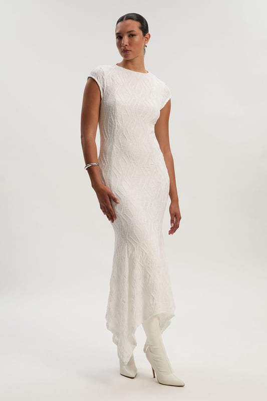 Textured Hanky Hem Short Sleeve Trim Detail Jersey Maxi Dress