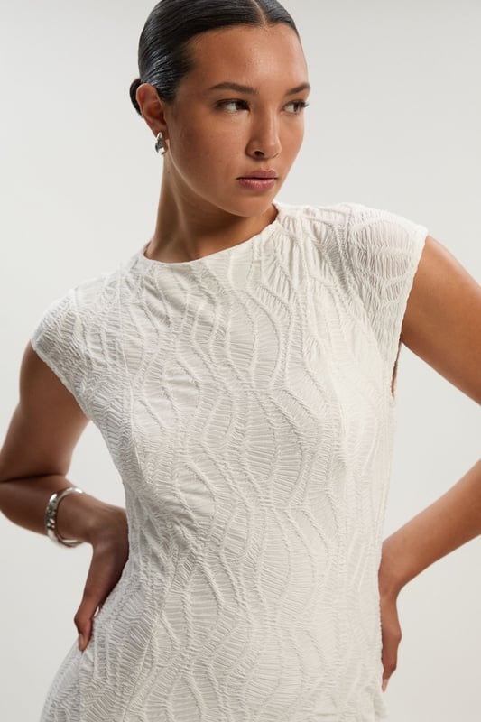 Textured Hanky Hem Short Sleeve Trim Detail Jersey Maxi Dress