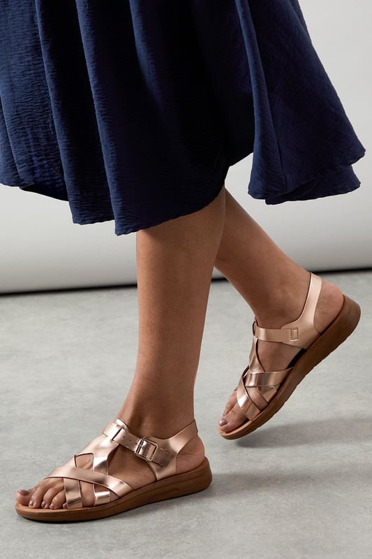 Good For The Sole: Grace Faux Leather T-bar Flexi Comfort Low Wedge Sandals