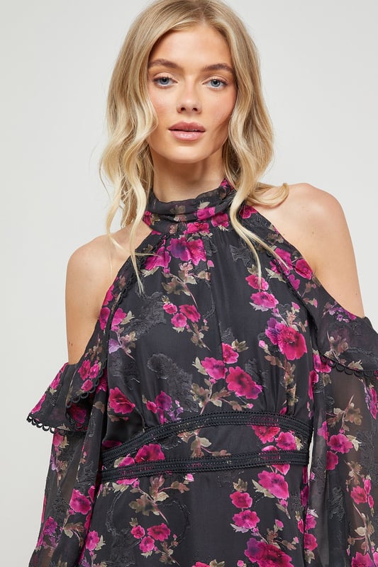 Cold Shoulder Ruffle Halterneck Midi Dress