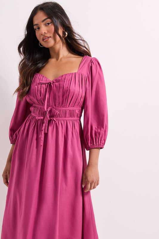 Petite Shirred Bodice Tie Detail Sweetheart Midi Dress