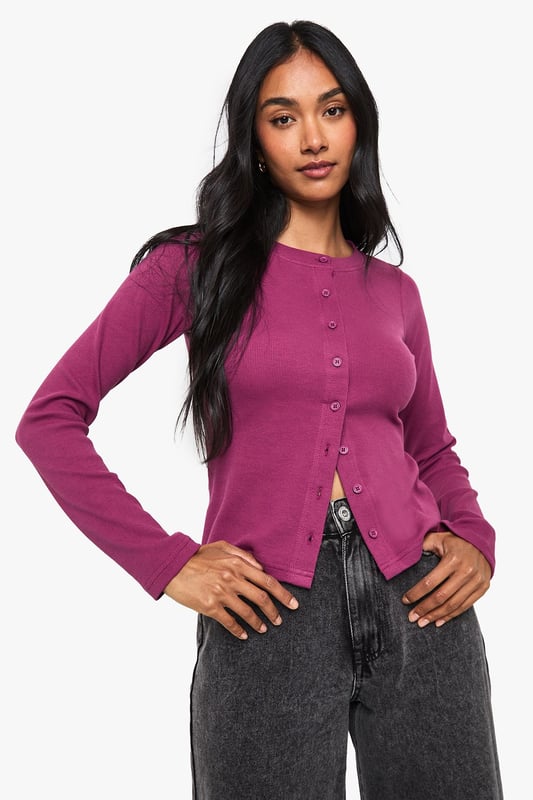 Rib Button Through Long Sleeve Top