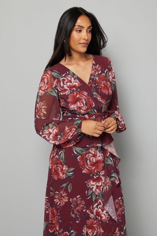 Petite Floral Ruffle Peplum Midi Dress