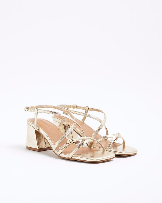 River Island Womens Heeled Sandals Gold Strappy Block
