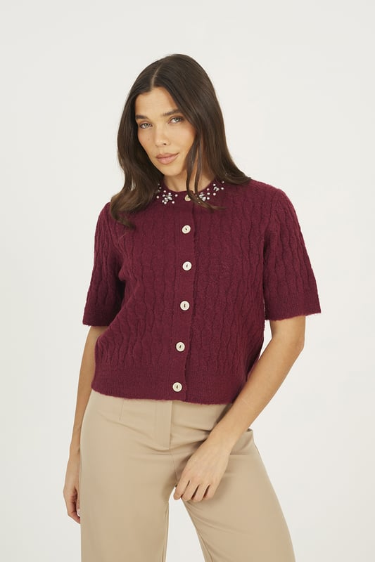 Burgundy Embellished Crew Neck Cable Knit Cardigan