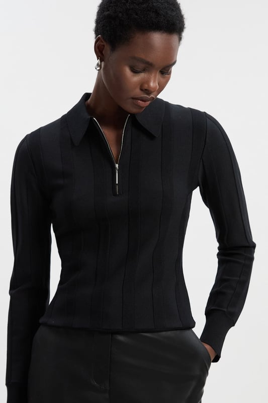 Rib Knit Colour Block Zip Through Top