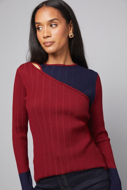 Colour Block Rib Detail Knitted Top