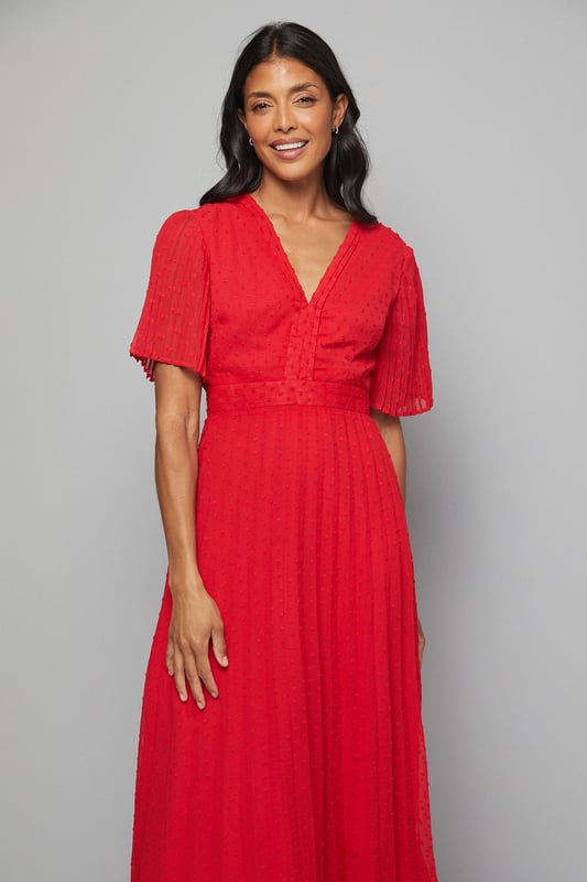 Dobby Chiffon Pleated Sleeve Midi Dress