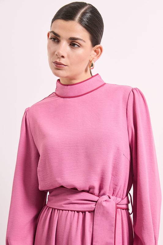 Pink Piping Detail Tie Waist Midi Dress