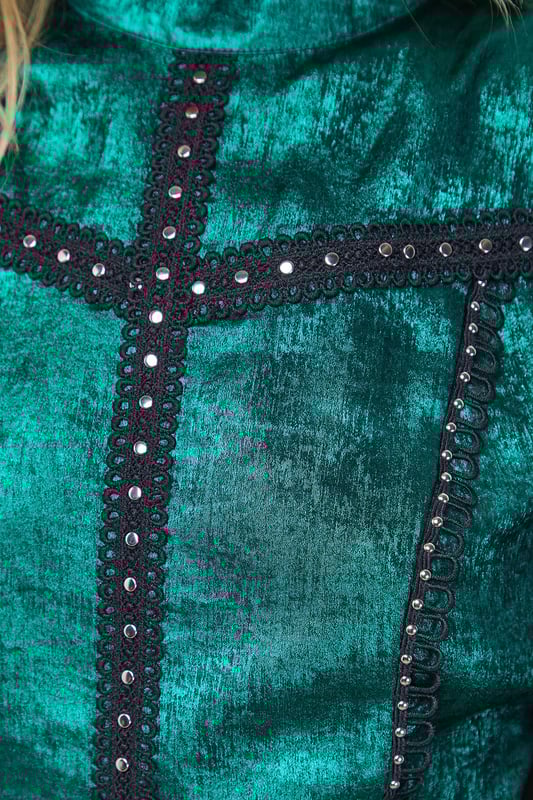 Stud Trim Long Sleeve High Neck Mini Dress