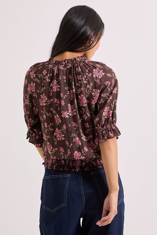 Petite Frill Neck Shirred Cuff Blouse