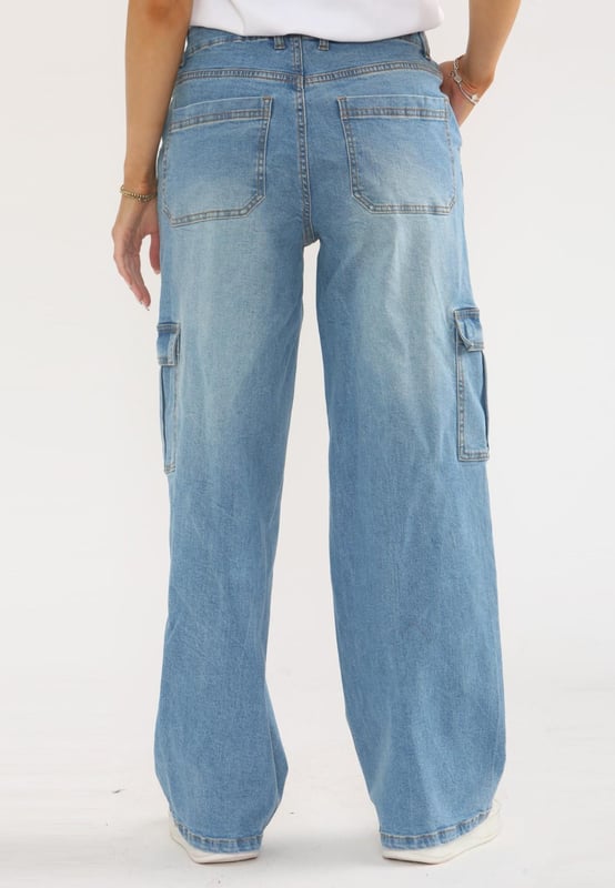 MYT Womens Wide Leg Baggy High Waisted Cargo Pocket Jeans in Light Blue