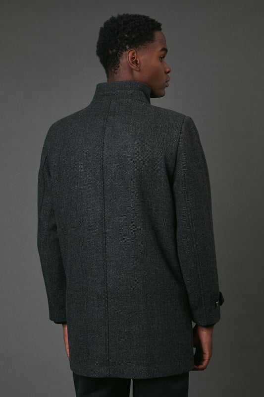 Charcoal Wool Blend Funnel Neck Coat With Insert