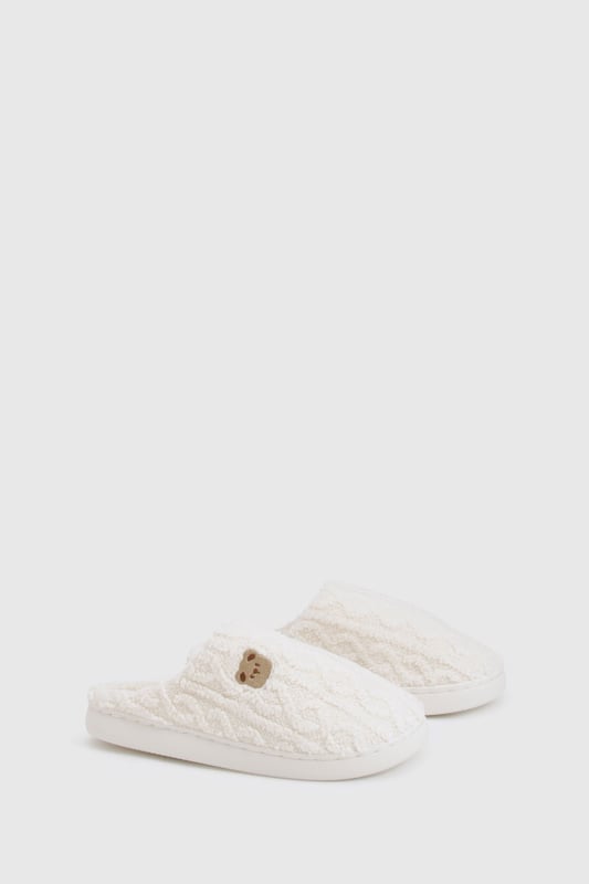 Bear Embroidered Cable Knit Slippers