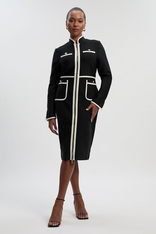Plus Size Figure Form Bandage Knit Piping Detail Military Midi Dress