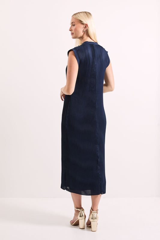 Pleated Satin Column Tie Back Midi Dress