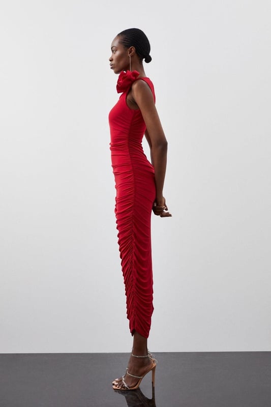 Drapey Ruched Jersey Rosette Maxi Dress