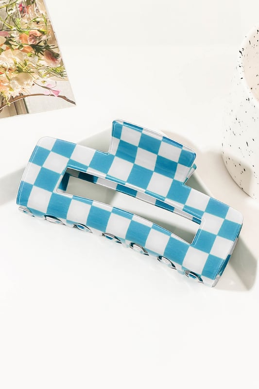 Checkered Hair Clip Blue White