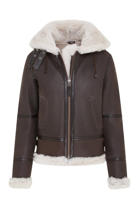 Womens Creck Brown Hooded Sheepskin Flying Bomber Leather Jacket ...