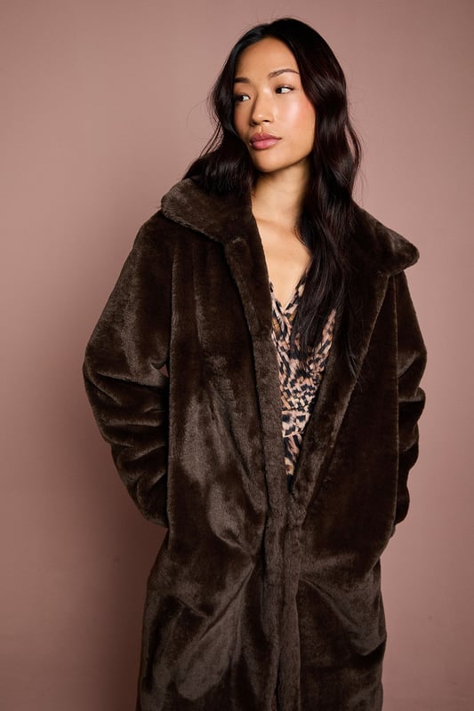 Chocolate Faux Fur Longline Collared Coat