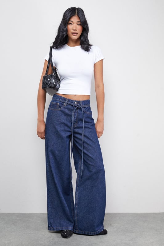 Tie Waist Wide Leg Denim Jean