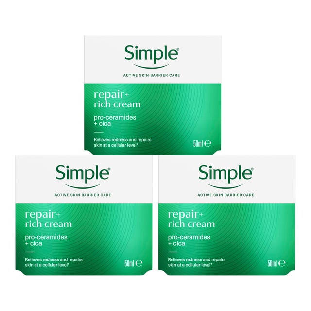 Simple Repair+ Rich Cream Soothing Hydrating Face Moisturiser 50ml, 3 Pack