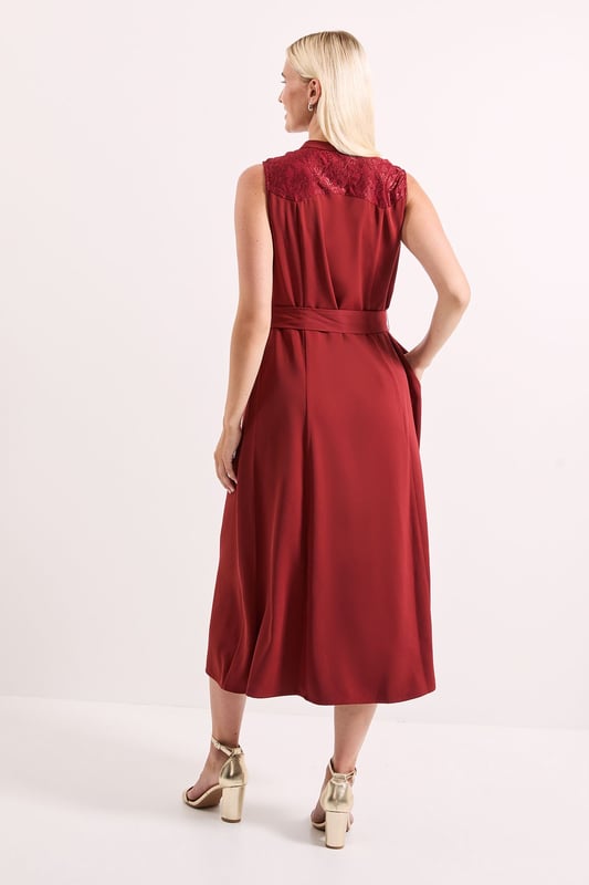 Western Yoke Lace Detail Tie Waist Midi Dress