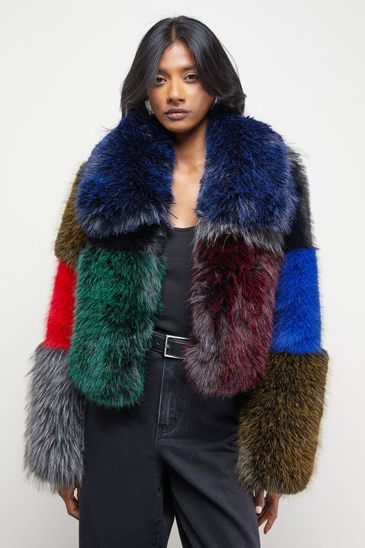 Multi -coloured Panelled Faux Fur Coat