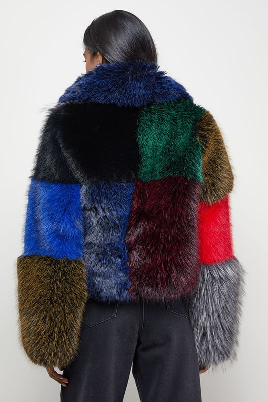 Multi -coloured Panelled Faux Fur Coat