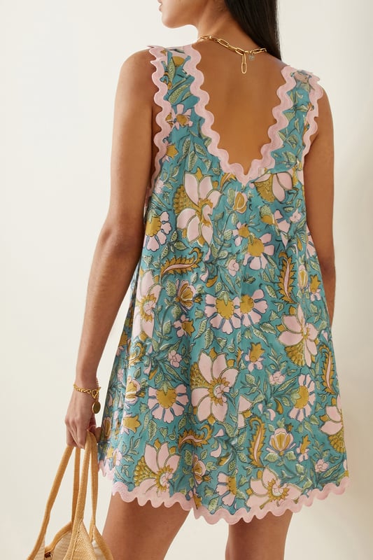 Floral Mini Dress Scalloped Hem