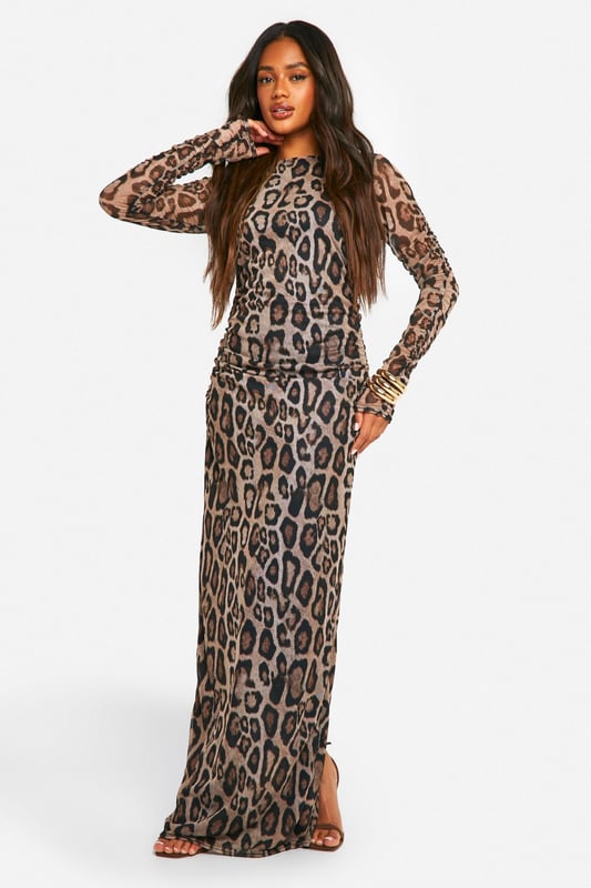 Leopard Print Ruched Maxi Dress
