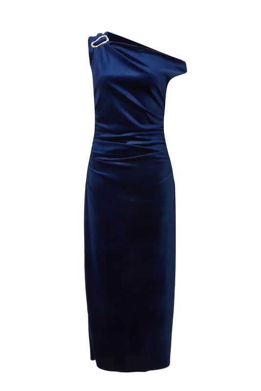 Navy Asymmetric Velvet Midaxi Dress