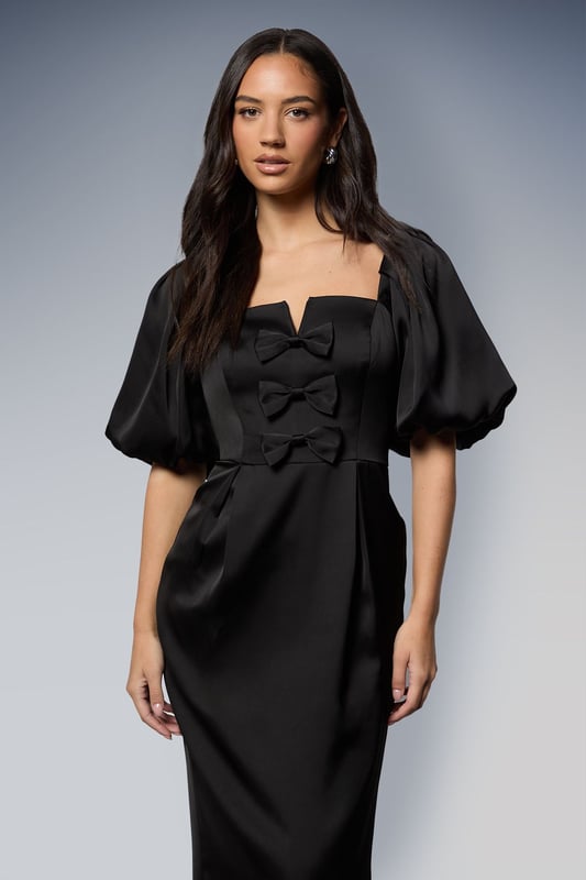 Satin Bow Front Puff Sleeve Midi Dress