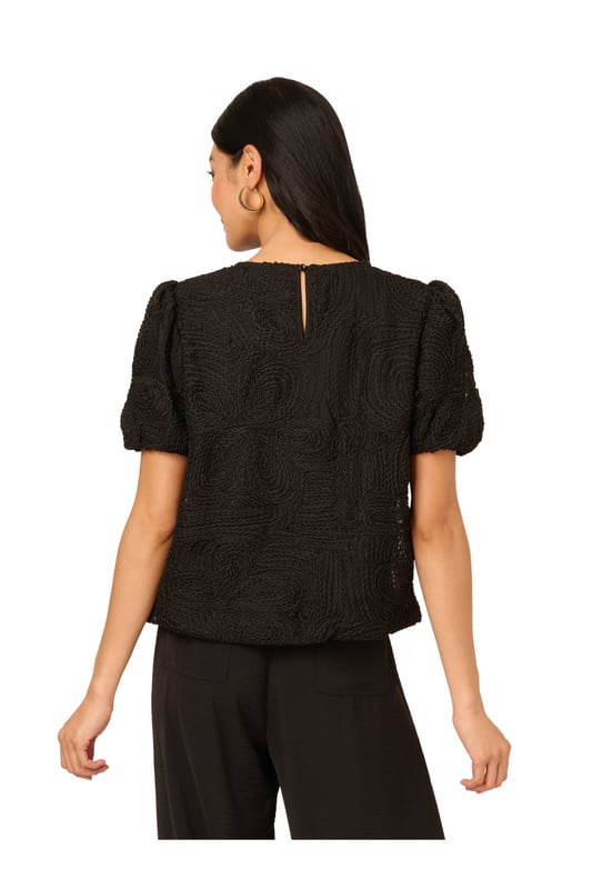 Allover Squiggle Embroidery Top With Bubble Sleeves And Hem