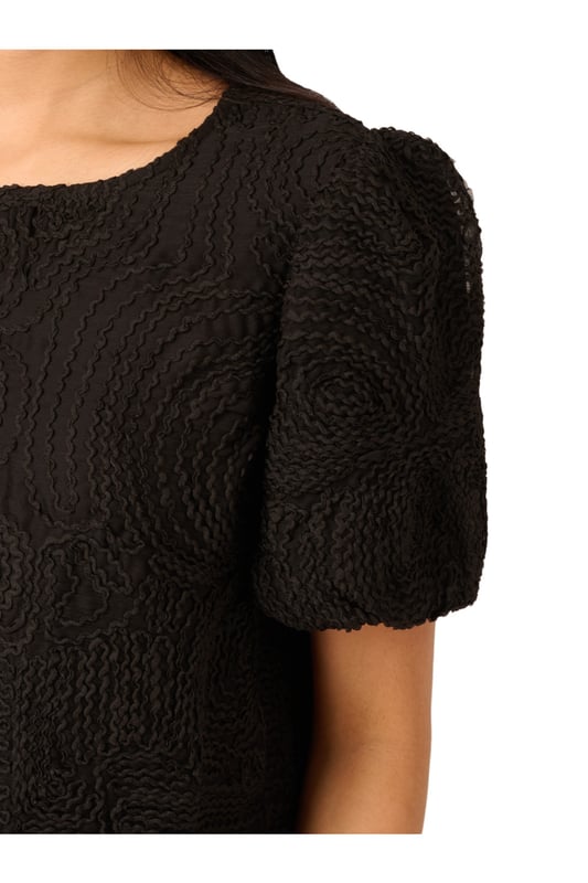 Allover Squiggle Embroidery Top With Bubble Sleeves And Hem