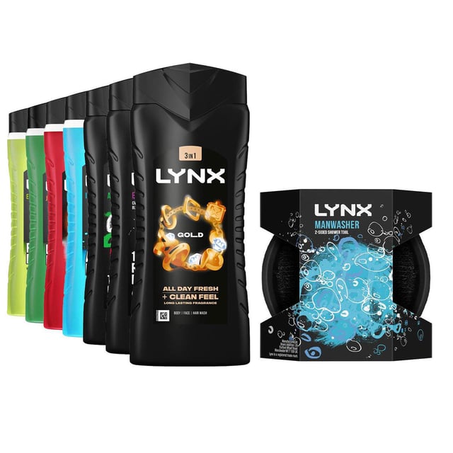 3x Lynx Excite 12H Refreshing Shower Gel 500 ml with Manwasher ShowerTool
