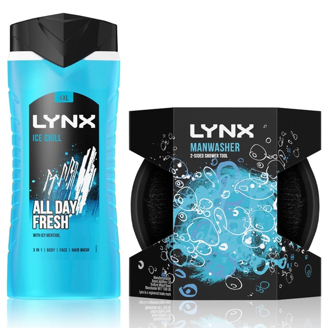 3x Lynx Sunset Fresh 3 in 1 Body Wash 500ml with Manwasher 2-Sided ...