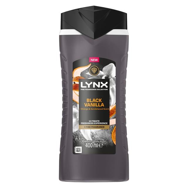 Lynx Black Vanilla Bodywash 400ml 6Pk with 2-Sided Manwasher Shower ...