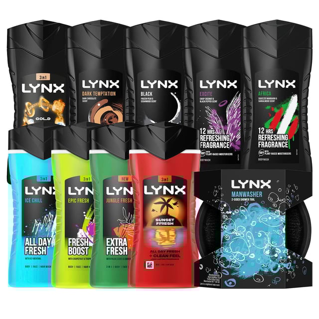 3x Lynx Gold 12H Refreshing Fragrance Bodywash 225ml with Manwasher ...