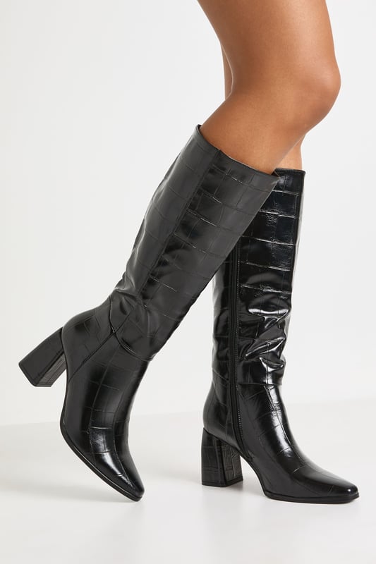 Croc Block Heel Knee High Boots