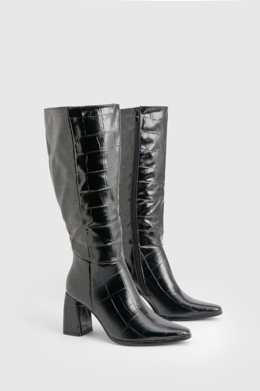 Croc Block Heel Knee High Boots