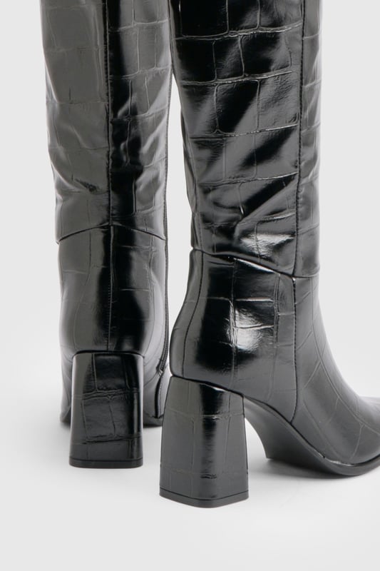 Croc Block Heel Knee High Boots