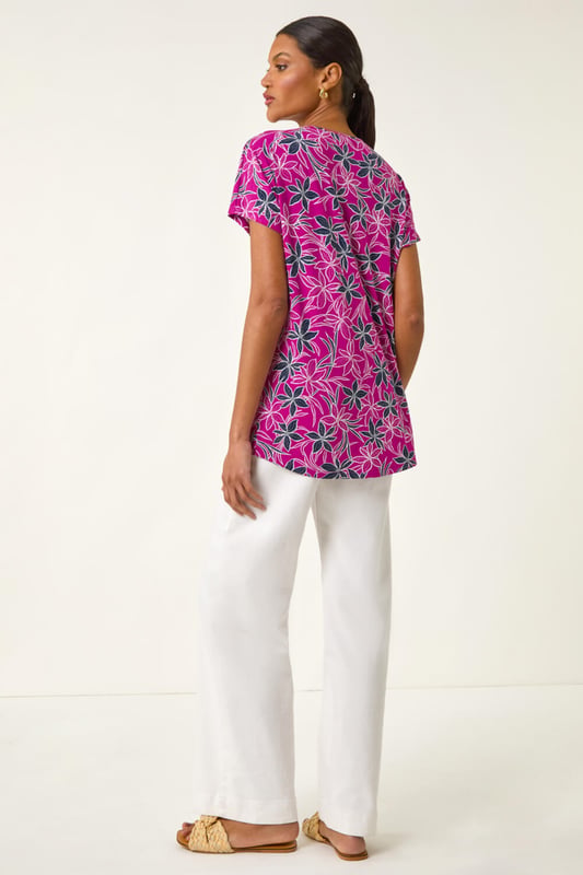 Floral Print Pleat Front Stretch Top