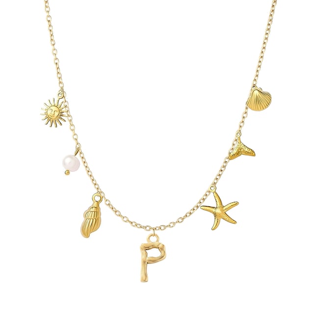 Gold Plated Sea and Initial Life Statement Charm Necklace - P