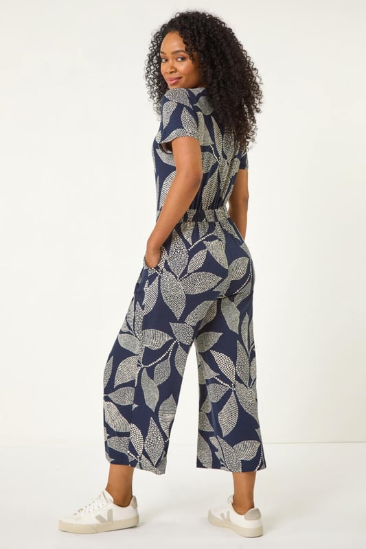 Petite Leaf Print Stretch Jumpsuit