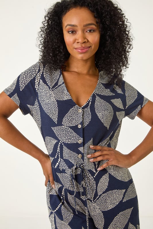 Petite Leaf Print Stretch Jumpsuit