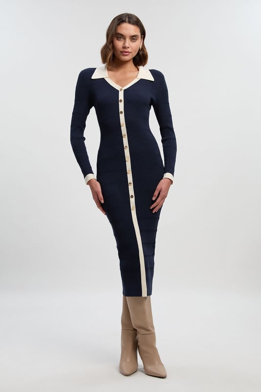 Viscose Rib Stitch Detail Contrast Colour Button Knit Midi Dress