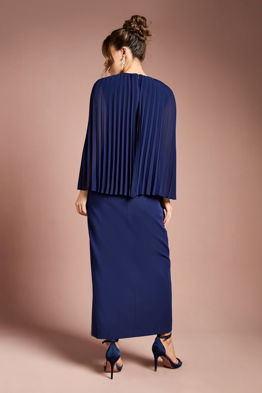 Pleated Cape Detail Crepe Pencil Dress