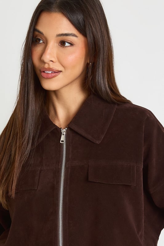 Faux Suede Bubble Hem Bomber Jacket